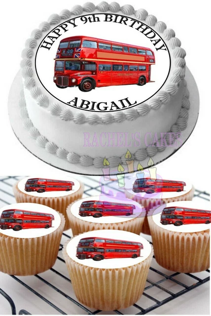 LONDON BUS PERSONALISED Edible Icing Birthday Cake Topper & 8 Icing ...
