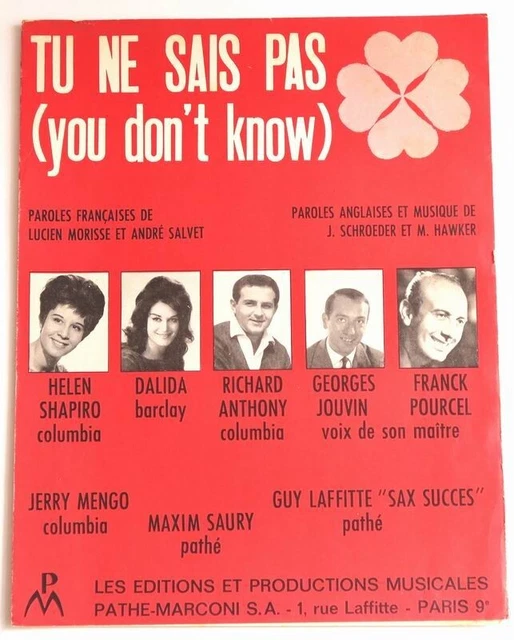 PARTITION SHEET MUSIC DALIDA / RICHARD ANTHONY : Tu Ne Sais Pas * 60's ...