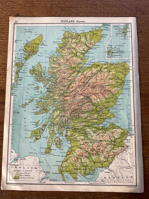 SCOTLAND PHYSICAL MAP 1917 from Prof Meiklejohn Bartholomew Atlas £12. ...