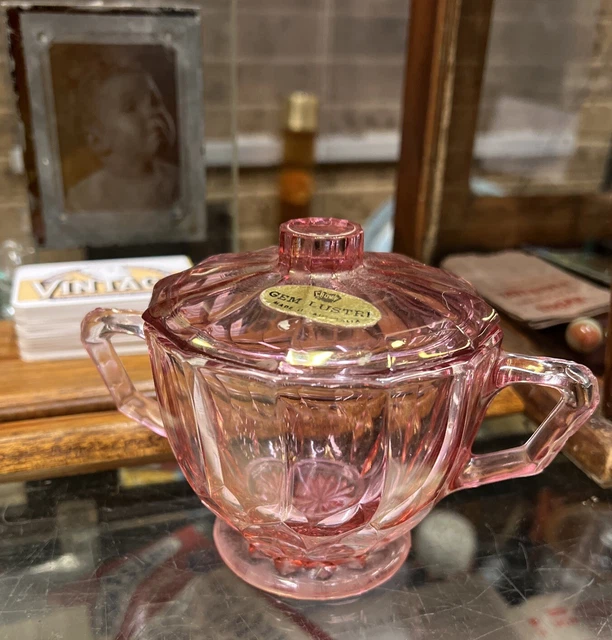 CROWN CRYSTAL GLASS Co Pink Roslin Lidded Sugar Bowl Gem Lustre Sticker ...