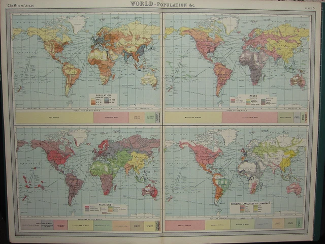1920 LARGE MAP ~ The World Population Races Reigions Principal ...