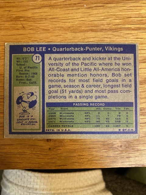 1972 TOPPS NFL Football Bob Lee Minnesota Vikings carte parieur ...