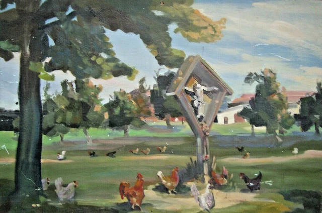 OIL PAINTING WAYSIDE Cross: Before Farm With Chickens On Meadow $293.67 ...