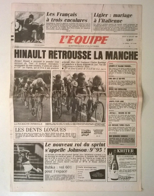 L'EQUIPE N°12.494 DU 10/07/1986 - Hinault retrousse la Manche /Ligier ...
