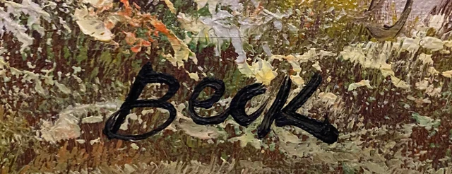 LARGE VINTAGE OIL painting Lakeside art signed Beck (Frame needs ...