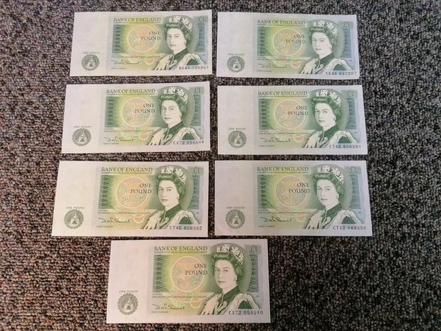 7 VINTAGE UK £1 Notes Bank Of England One Pound Note Queen Elizabeth £ ...
