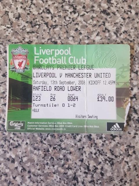 MATCH TICKET PREMIER LEAGUE LIVERPOOL V MAN UTD 13th sep 2008 £1.79 ...