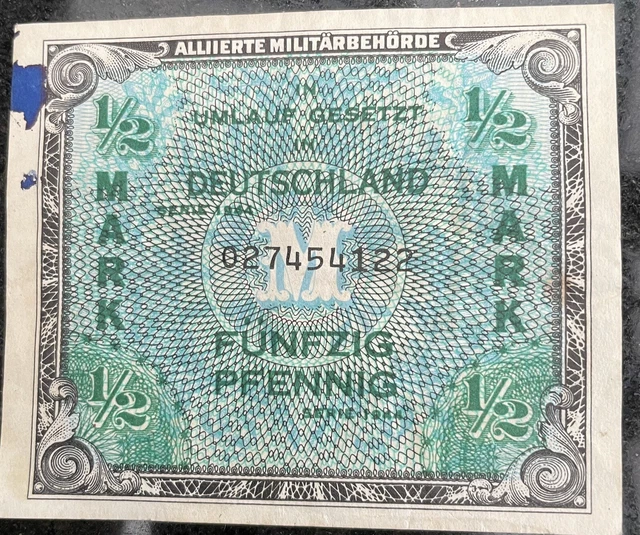 1944 GERMANY ½ Mark German Allied Military Currency Banknote ...