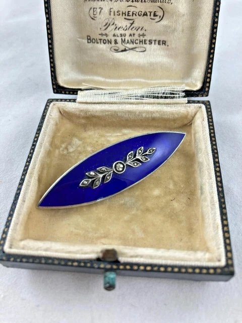 ANTIQUE BLUE ENAMEL 900 silver navette shaped brooch marcasite Leaf ...