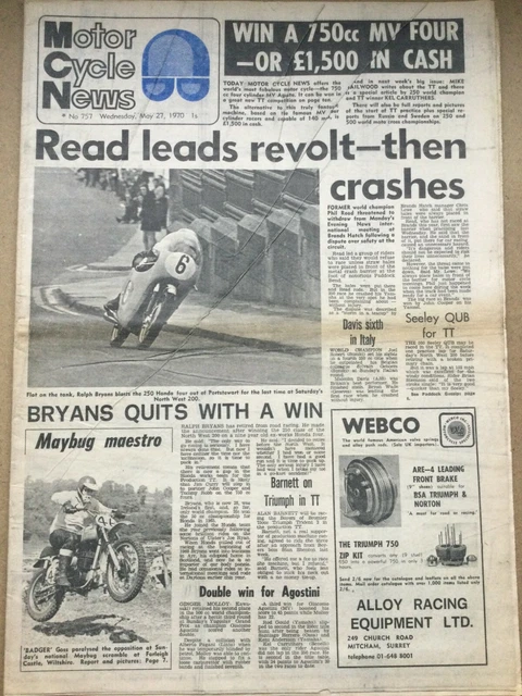 MOTOR CYCLE NEWS - 27 May 1970 - Read leads revolt - Vintage Newspaper ...