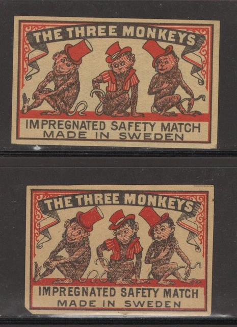 MATCHBOX LABEL SWEDEN- The Three Monkeys x2 different- ** £2.60 ...