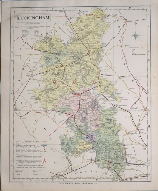 1884 COUNTY MAP Buckingham Railways Roads Aylesbury Leighton Buzzard ...