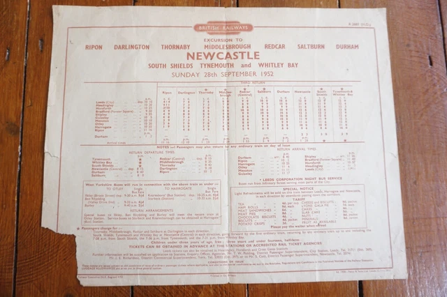 1952 NEWCASTLE WHITLEY Bay Tynemouth Railway Handbill Timetable £11.99 ...