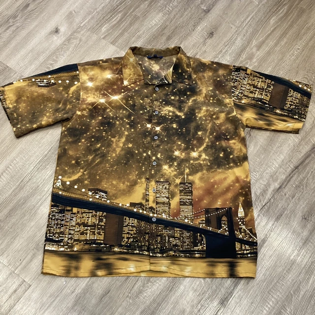 Y2K BIGND MENS Skateboard Button Up Shirt Mens Size L Gold City Design ...