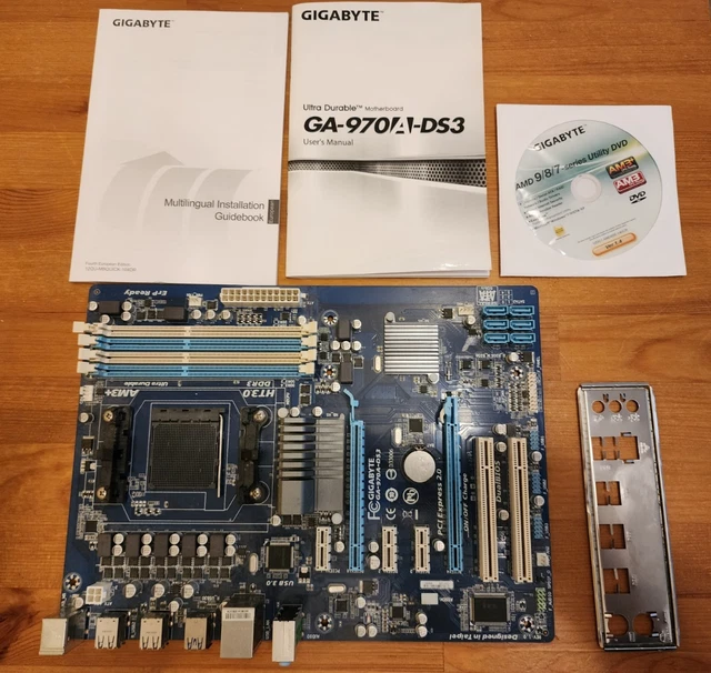 GIGABYTE GA-970A-DS3 AM3+ Motherboard with box, I/O shield, manuals ...