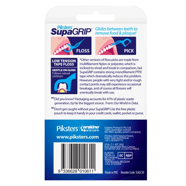 PIKSTERS SUPAGRIP ADVANCED Floss Picks 50 Pack Includes Hygienic Carry ...