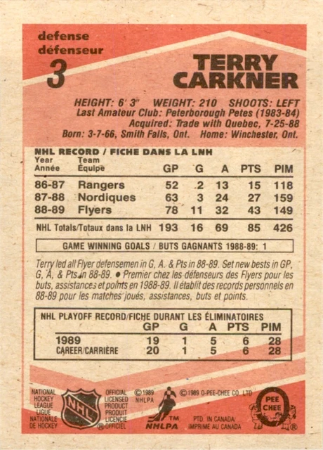 1989-90 O-PEE-CHEE TERRY Carkner Philadelphia Flyers #3 EUR 1,93 ...