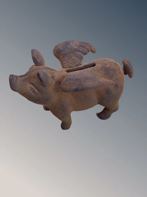 VINTAGE HEAVY CAST Iron When Pigs Fly Money Bank, Flying Winged Pig ...