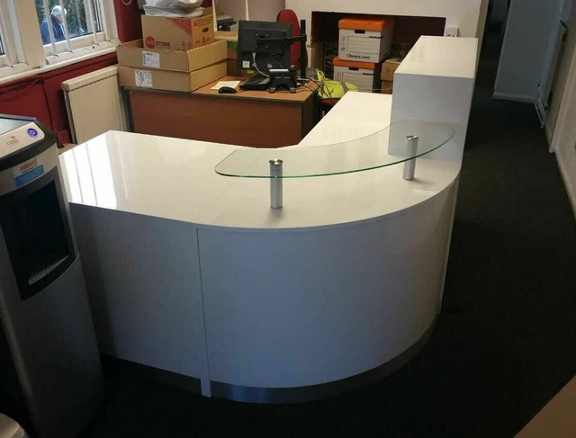 RECEPTION DESK GLOSSY White Curved Reception Table Corner Unit Glass ...