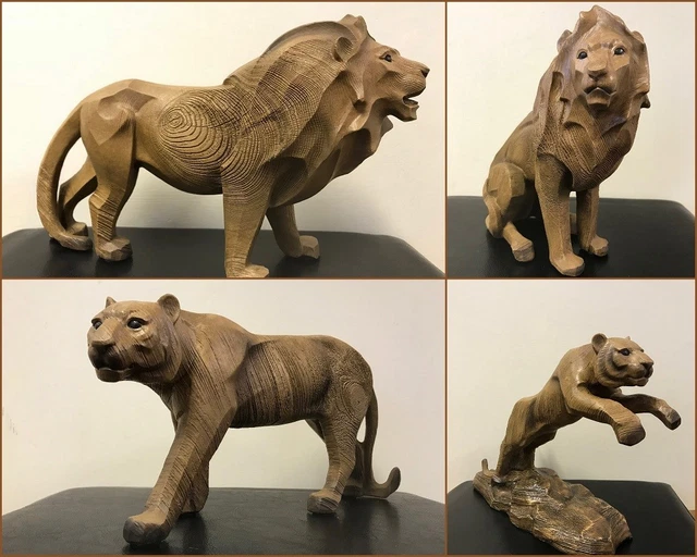 WOOD EFFECT LION and Tiger Statues - Resin Figures Leonardo Animal ...