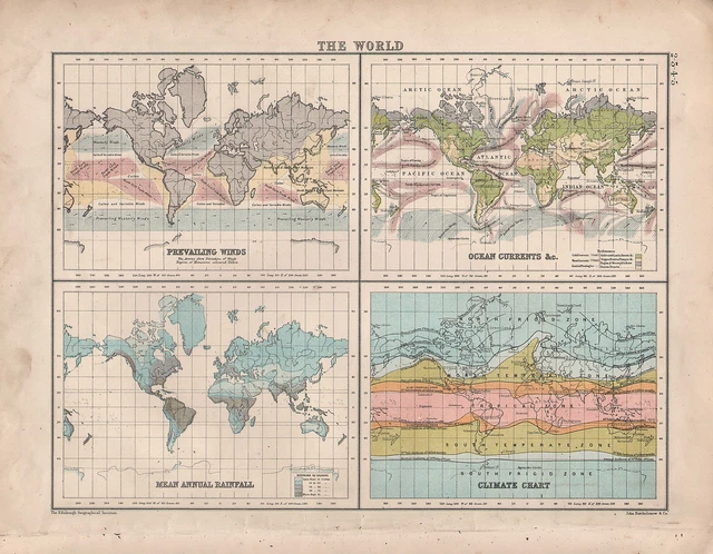 1902 MAP ~ The World Prevailing Winds Annual Rainfall Oceant Currents ...