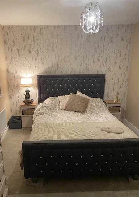 KING SIZE GREY Upholstered Bed Frame With Diamantés On The Headboard £ ...