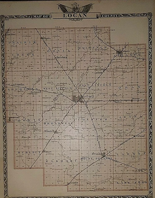 1876 RAILROAD, CITY & County Map ~ DECATUR, ILLINOIS ~ LOGAN Co. on ...