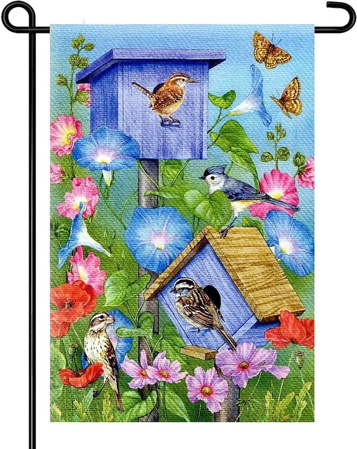WELCOME GREETING FLAG with Bird feeding house and Floral and Butterfly ...