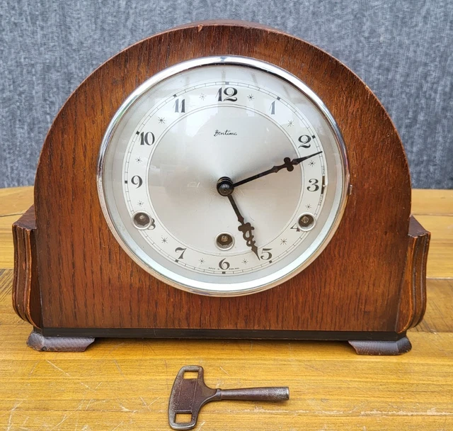 VINTAGE BENTIMA WOODEN Mantel Clock With Perivale Movement With Key ...