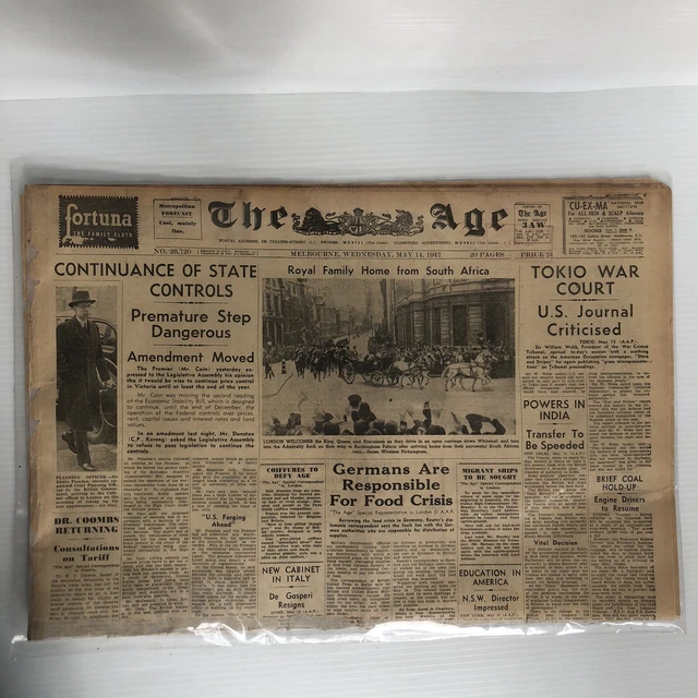 VINTAGE ORIGINAL NEWSPAPER The Age Melbourne May 14, 1947 $89.95 ...