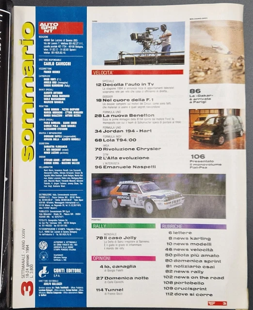 RIVISTA AUTOSPRINT-1994-N.3-DOSSIER F.1-BENETTON B194-Jordan 194-Test ...