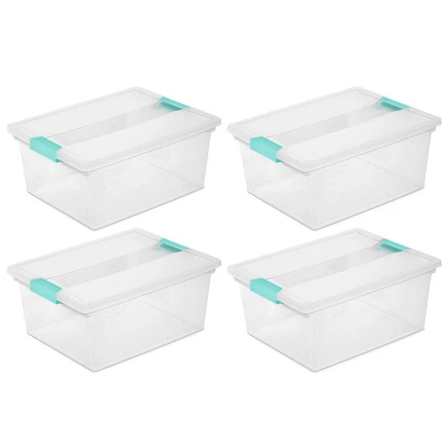 DEEP PLASTIC STACKABLE Storage Bin w/ Clear Latch Lid, Clear (4 Pack ...