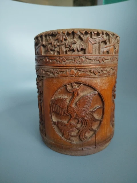 POT BOITE BAMBOU Sculpté Chine Décor Phoenix Et Lettrés EUR 50,00 ...