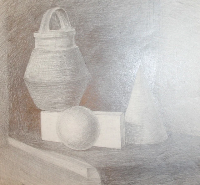VINTAGE PENCIL DRAWING still life with pitcher, cone and globe £59.23 ...