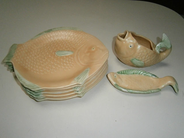ANTIQUE SHORTER & Son England Yellow Tang Fish Plates & Jug Design ...