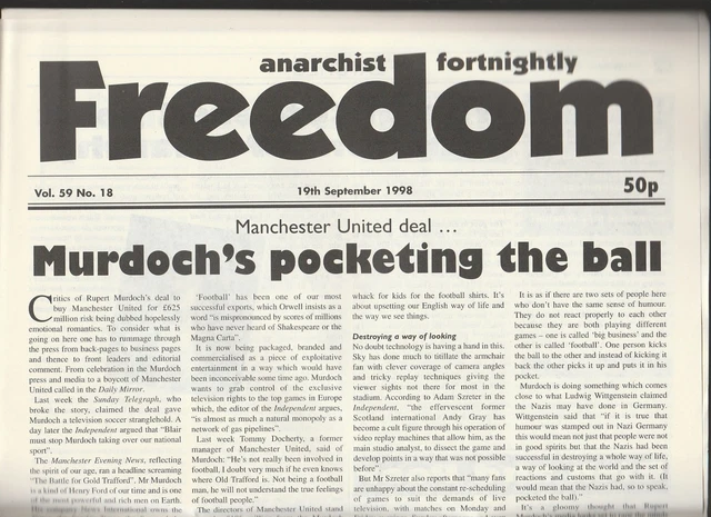 FREEDOM. VOL 59 No 18. September 1998. Anarchism, anarcho, anarchist UK ...