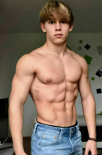 Shirtless Male Athletic Muscular Beefcake Blond Hunk Flexing Arms Photo