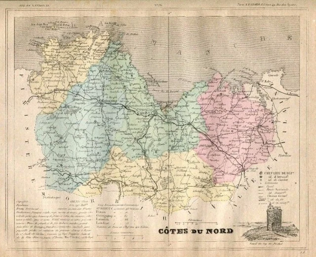GENUINE ORIGINAL ANTIQUE 1877 France Hand Colored Map COTES DU NORD ...