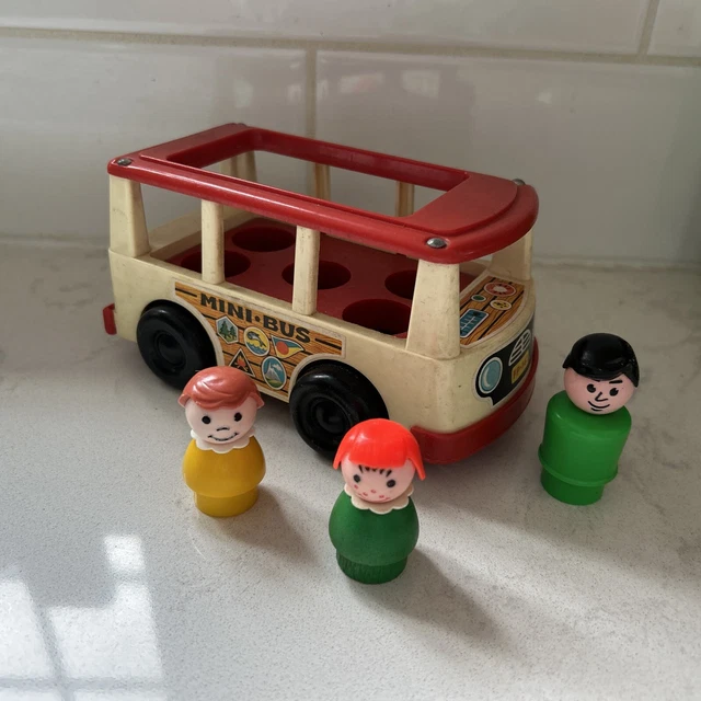 VINTAGE FISHER PRICE Little People ~80s Red Top Mini Van Bus w/ 3 ...