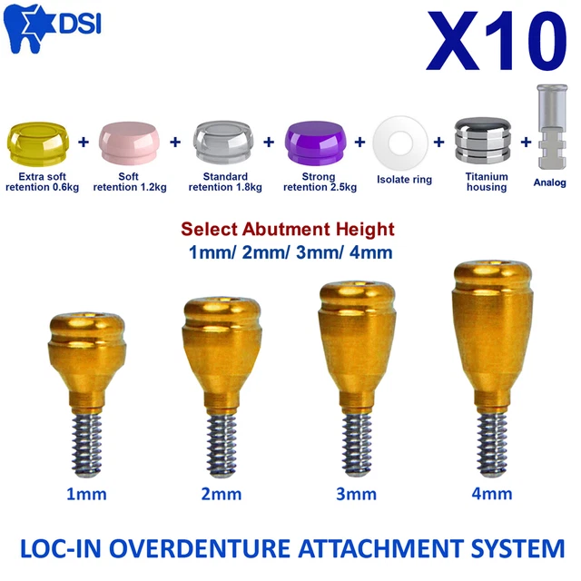 10X PROSTHETIC KIT Loc-In Removable Attachment Narrow Abutment 4 Caps ...