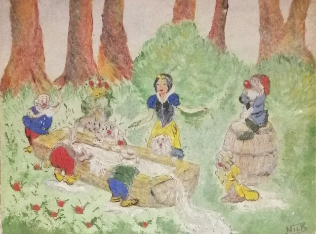 PEINTURE ANCIENNE BLANCHE NEIGE ET LES 7 NAINS signé NICK naïf EUR 10 ...