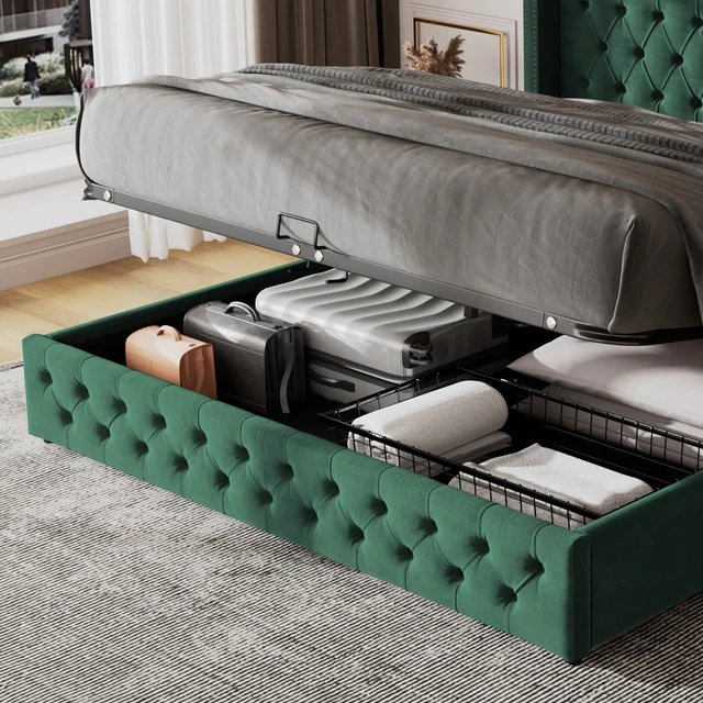 LUXURY VELVET UPHOLSTERED Ottoman Bed 135x190cm with Storage – Green £ ...