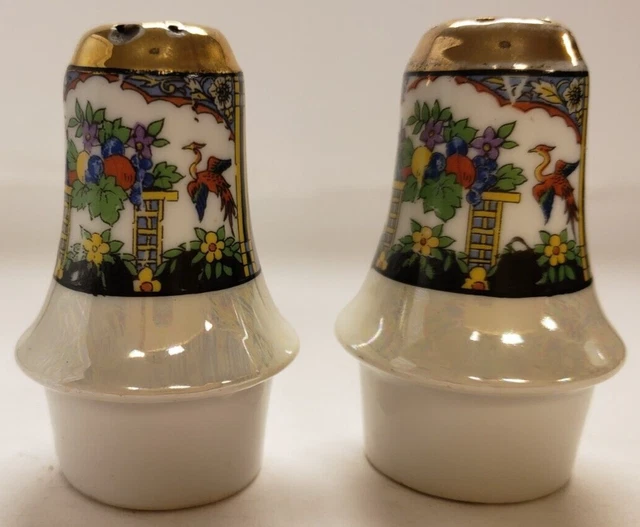 SALT & PEPPER Shakers- Lusterware/ Gilt Tops/ Birds & Fruit- Made in ...
