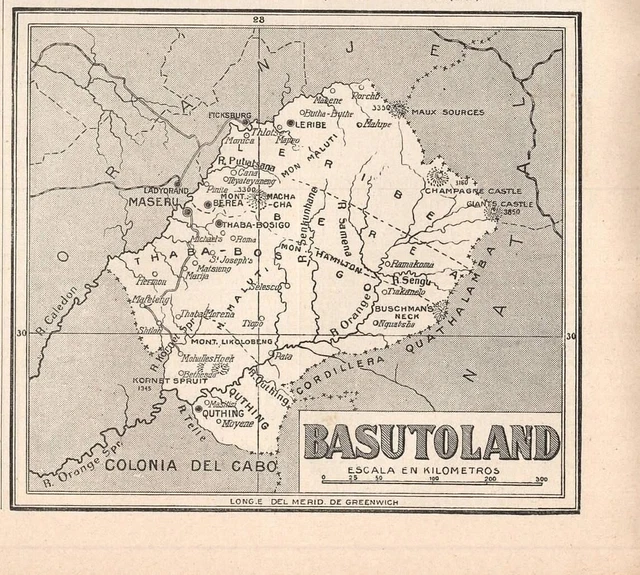 CARTA GEOGRAFICA ANTICA BASOTHOLAND piccola mappa Lesotho 1910 Antique ...