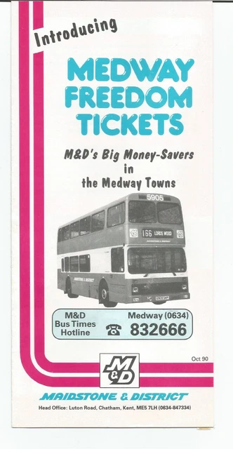 MAIDSTONE & DISTRICT Bus Medway Freedom Tickets leaflet Oct 1990 £0.95 ...