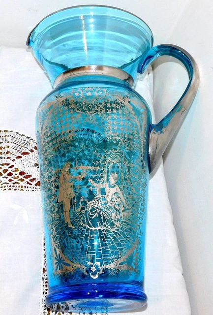 VASE PICHET VERRE Bleu Style Mary Gregory Decor A L'argent Fin ! /No ...