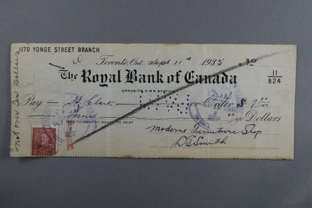 *KENGO* ROYAL BANK of Canada 1935 Cheque revenue stamp KGV #219 3c ...