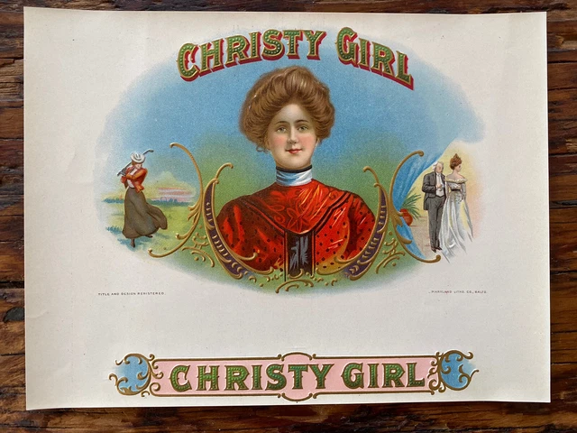 CHRISTY GIRL EMBOSSED Inner Cigar Box Label Woman Golfer. Original ...
