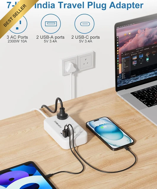 AU TO INDIA Travel Adapter 3 Australia Outlets 4 USB 2 USB-C Type D 17W ...