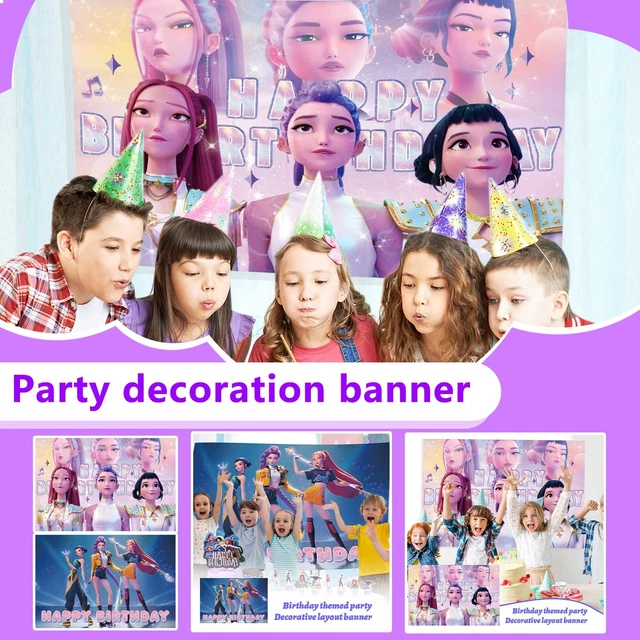 KPOP DEMON HUNTERS Birthday Party Backdrop Set Flag Banner Balloons ...